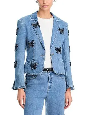 Cinq À Sept Rhinestone Bow Detail Denim Blazer - Blue Haze/sapphire