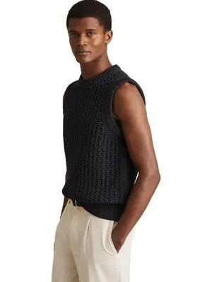 REISS Bryant Cotton-blend Crochet Vest - Navy