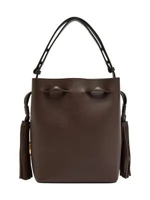 Valentino Garavani Drawstring Tassel-Embellished Leather Shoulder Bag Dark Brown