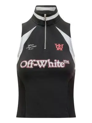 Off-White Sleeveless Zip Polo Top - Black
