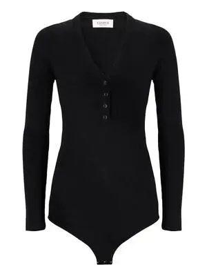 LANEUS Laneus Ribbed V-Neck Buttoned Bodysuit