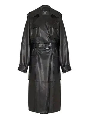 Balmain Belted Lambskin Trench Coat - Black