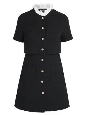 Sandro Tweed Mini Dress With Ruffle-collar - Black