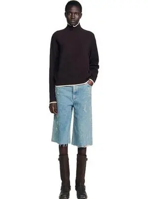 Sandro Turtleneck Sweater With Contrast Piping - Black / Brown