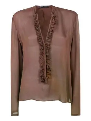 IBRIGU Silk Ruffled Blouse - Brown