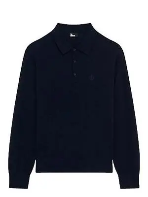 The Kooples Polo-collar Brand-embroidered Wool Jumper - Navy