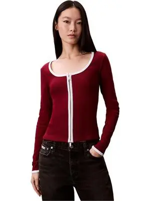 Calvin Klein Contrast Trim Ribbed Cardigan - Magenta Jewel