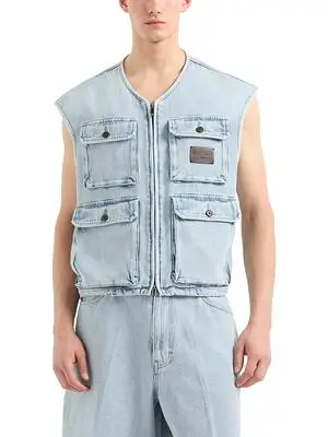 Emporio Armani Regular Fit Jacquard Denim Cargo Vest - Light Blue