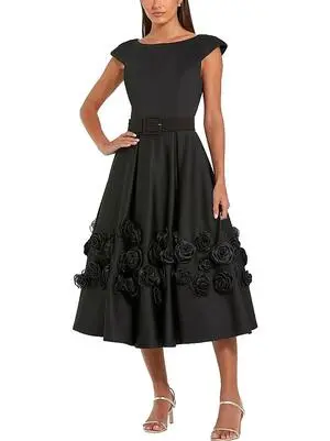 Mac Duggal Satin A-line Midi Dress With 3d Flowers - Black