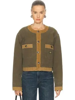 R13 Cord Trimmed Cropped Chore Jacket - Dusky Olive Canvas Green