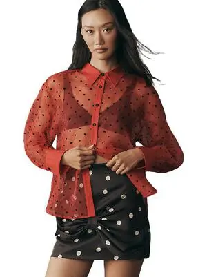 Maeve Sheer Organza Long-sleeve Buttondown Shirt - Berry Red