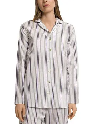 Hanro Long Sleeve Cotton Button-front Sleep Shirt - Beryl Stripe
