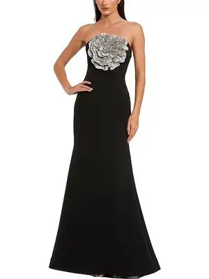 Mac Duggal Crepe Strapless Gown With Rhinestone Flower - Black