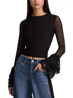 Alice + Olivia Delaina Sheer Sleeve Cropped Top - Black