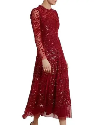 NEEDLE & THREAD Aurora Long Sleeve Ballerina Midi Dress - Cherry Red