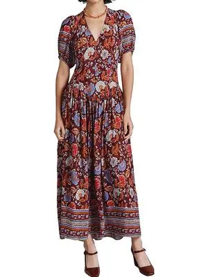 GHOST LONDON Christy Crepe Midi Tea Dress - Burgundy Floral