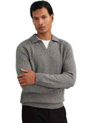 REISS Banbury Wool-cashmere Open-collar Jumper - Mid Grey Melange