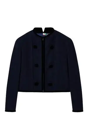 Emporio Armani Washed Wool Jacket With Velvet Trim - Blue / Navy