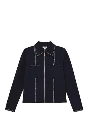 REISS Ivy Contrast-stitch Stretch-knit Cardigan - Navy