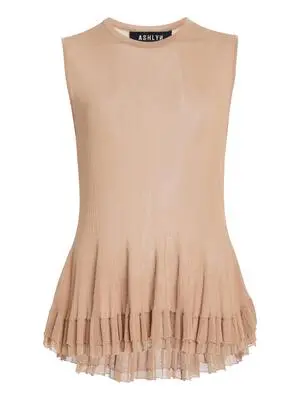 ASHLYN Bennett Pleated Hem Peplum Crewneck Tan