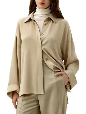 Lilysilk Relaxed Fit Draped Silk Shirt - Dune