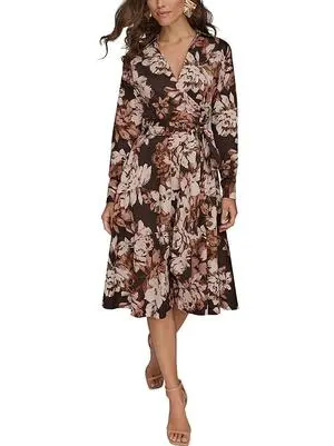 Donna Karan New York Floral Tie Waist Midi Dress - Chocolate Plum Multi