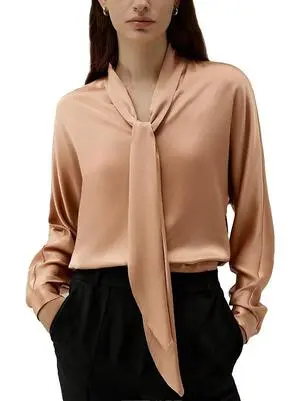 Lilysilk Bat Sleeve Tie Neck Silk Top - Quartz Rose