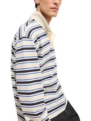 ALEX MILL Cotton Striped Rugby Shirt - Bone/black/blue Stripe