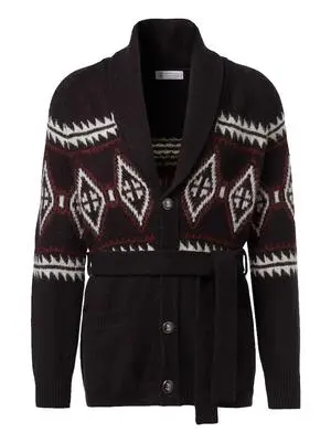 Brunello Cucinelli Jacquard Wool, Silk, And Cashmere Cardigan - Black