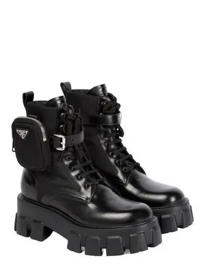 Prada Monolith Leather Ankle Boots - Black