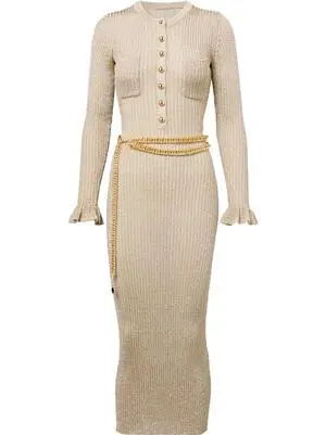 SELF-PORTRAIT Ribbed-knit Lamé Midi Dress - Gold