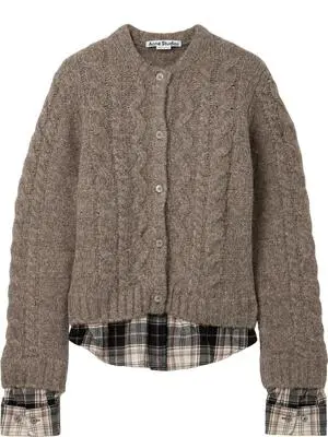 Acne Studios Layered Cable-knit And Checked Cotton-flannel Cardigan - Neutrals