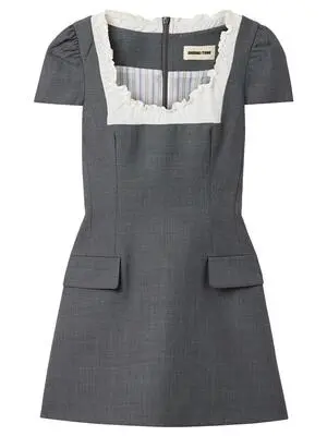 SHUSHU/TONG Ruffled Wool-blend Gauze-trimmed Twill Mini Dress - Gray