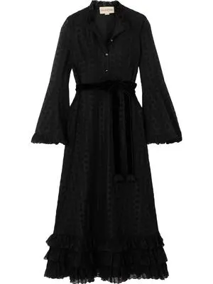 Valentino Garavani Belted Tiered Broderie Anglaise Cotton Midi Dress - Black