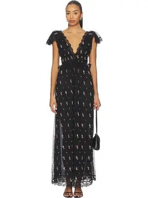 For Love & Lemons Poppy Pleated Lace Maxi Dress - Black