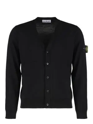 Stone Island Cardigan In Virgin Wool - Black