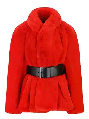 Balenciaga Belted Faux Fur Jacket - Red