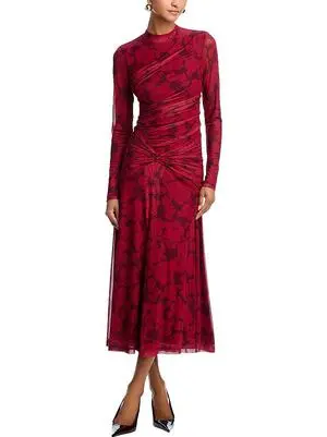WAYF Selene Ruched Long Sleeve Dress - Scarlet Rose