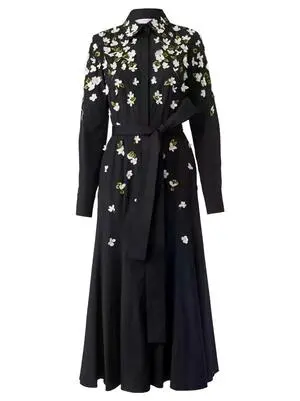 Carolina Herrera Floral-embroidered Belted Midi Dress - Black