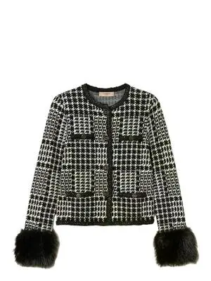 TWINSET Checked Knit Jacket With Faux Fur Trim Black