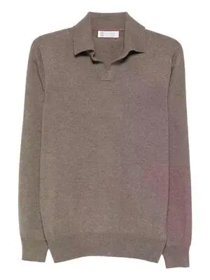 Brunello Cucinelli V-Neck Long Sleeve Polo Sweater Brown