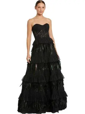 Mac Duggal Strapless Sweetheart Lace Tiered Feather Ball Gown - Black