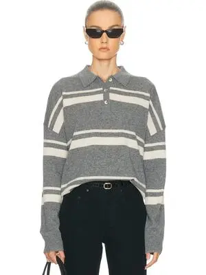 Renggli Cashmere Striped Polo Top Pebble & Eggshell