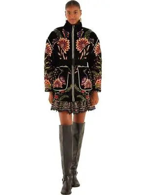 FARM RIO PROVISÓRIO Embroidered Velvet Puffer Jacket - Marvelous Garden Black