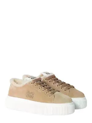 Miu Miu Logo-embroidered Suede Sneakers - Neutrals