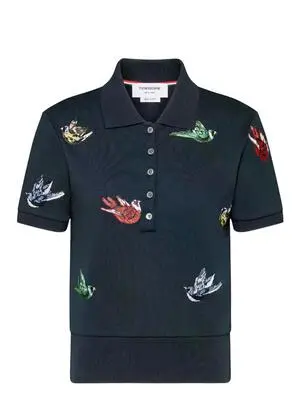 Thom Browne Satin-stitch Bird-embroidery Polo Top - Blue