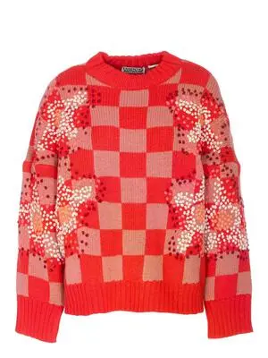 Essentiel Antwerp Embroidered Check Sweater - Red
