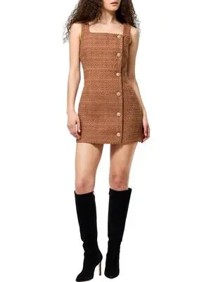 French Connection Structured Tweed Square Neck Mini Dress - Cafe Brown