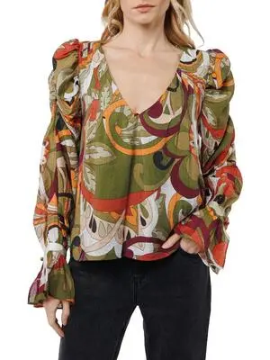 CIEBON Kysandra Abstract Print V-neck Top - Green Multi