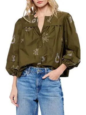 CIEBON Liliane Embroidered Cotton Top - Olive